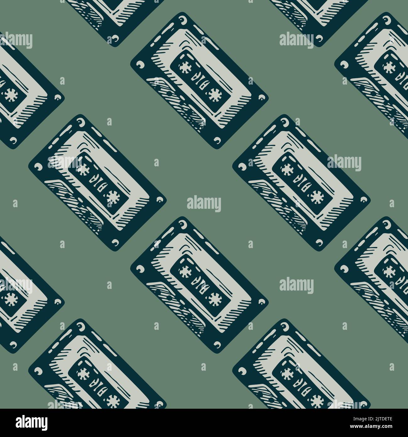Audio cassette tape engraved seamless pattern. Vintage music cassette ...