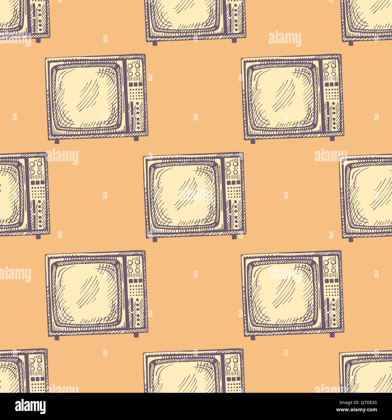 Retro TV engraved seamless pattern. Vintage television in hand drawn ...