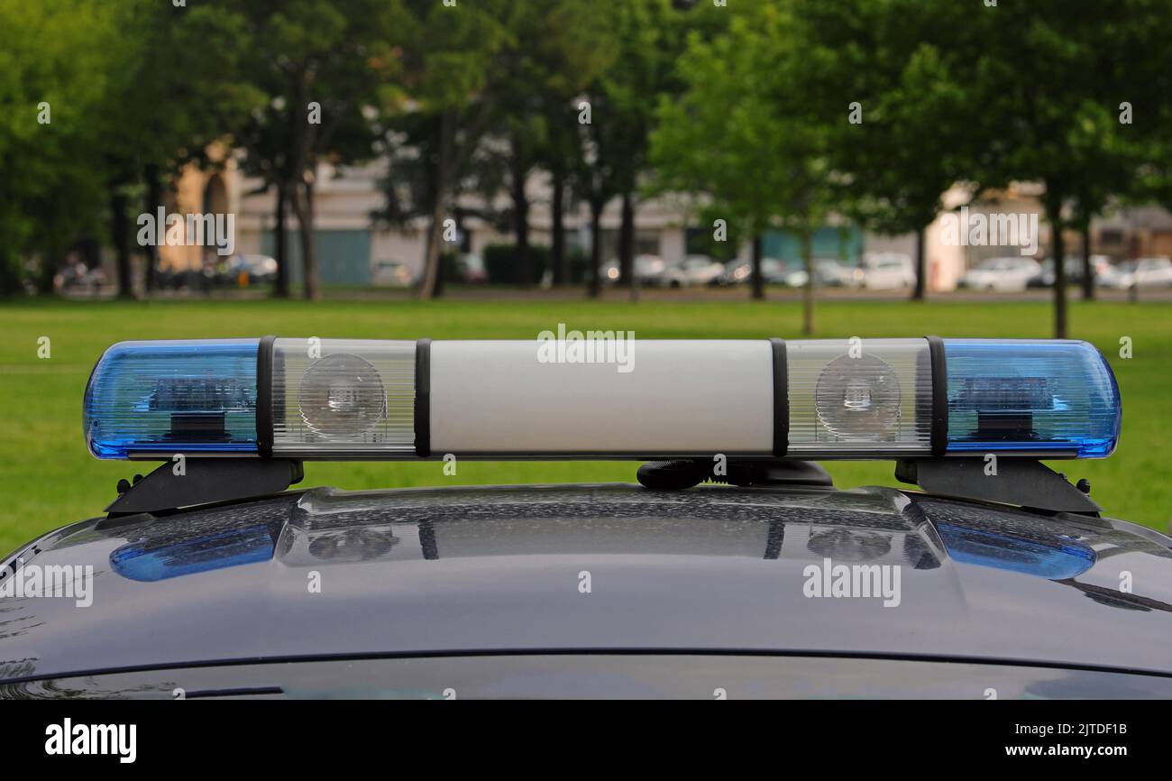 blue flashing of the siren of the police car during a check in the ...