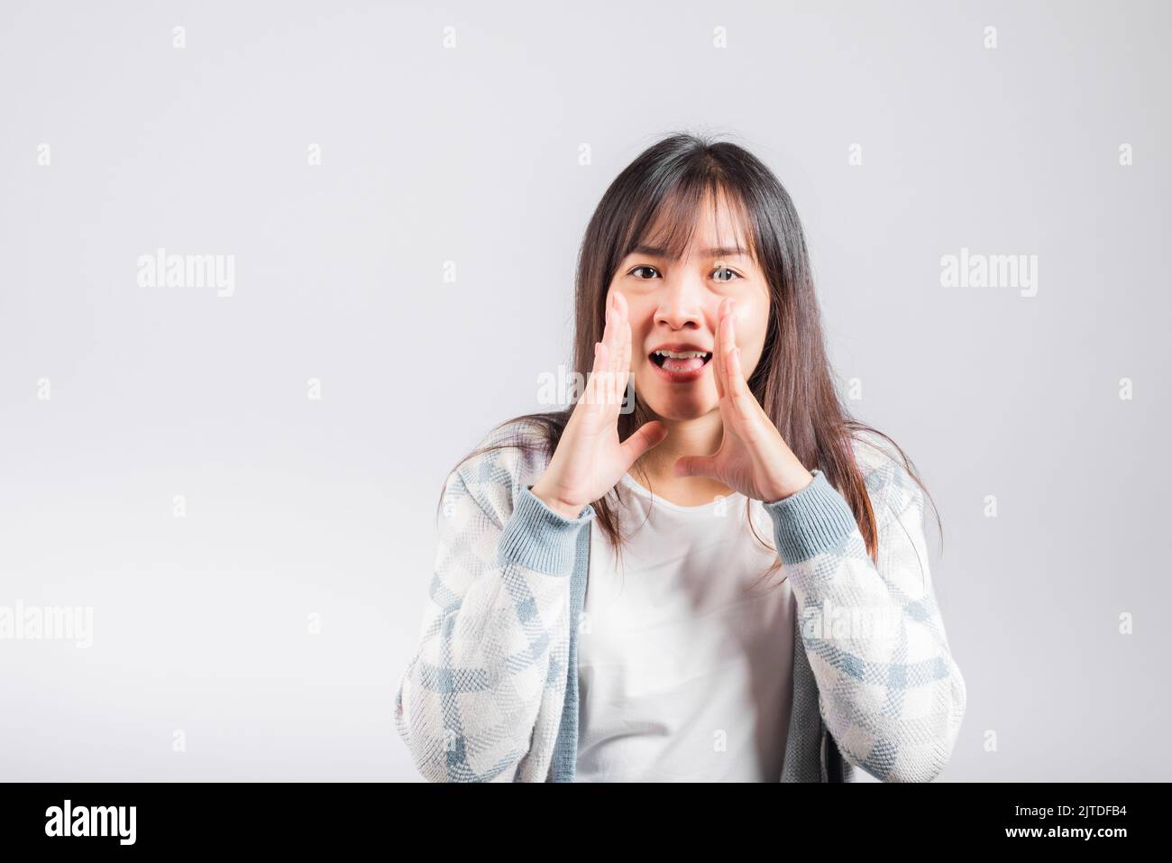 Happy woman hand on mouth talking whisper secret rumor, Asian beautiful ...