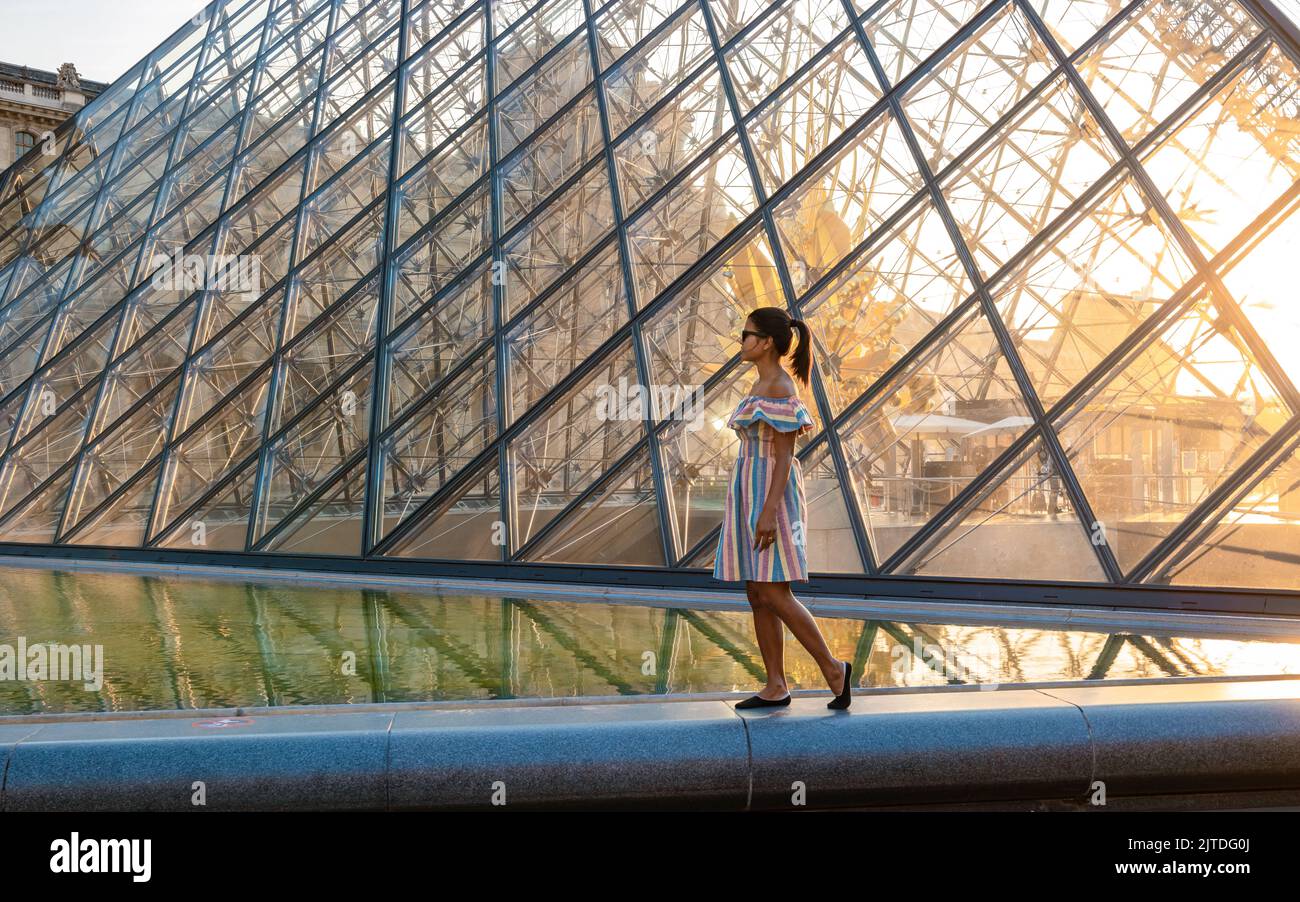 Paris France September 2021, Louvre museum pyramid during sunset time ...