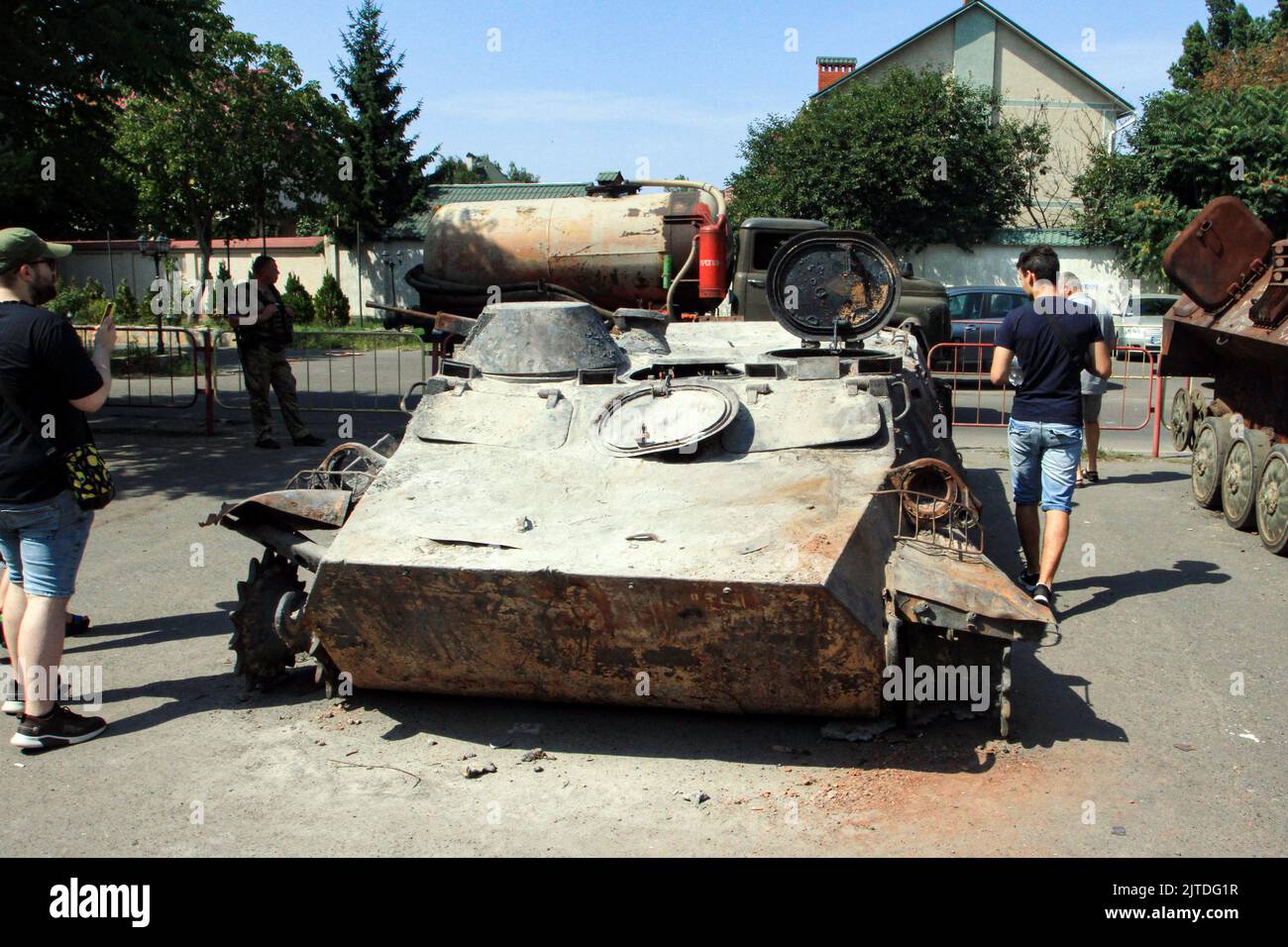 Odessa, Ukraine. 27th Aug, 2022. People are seen walking near the burnt ...