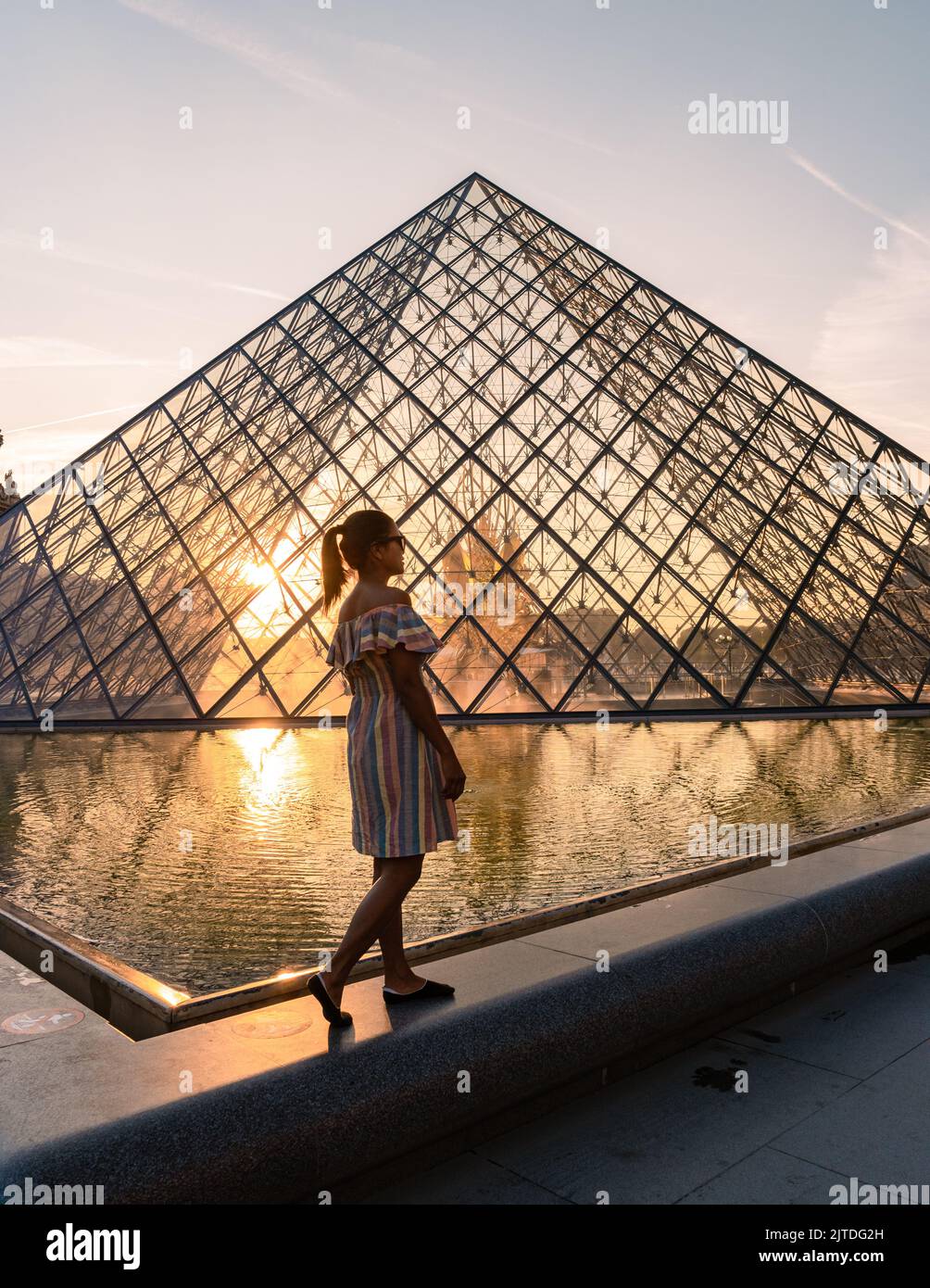 Paris France September 2021, Louvre museum pyramid during sunset time ...