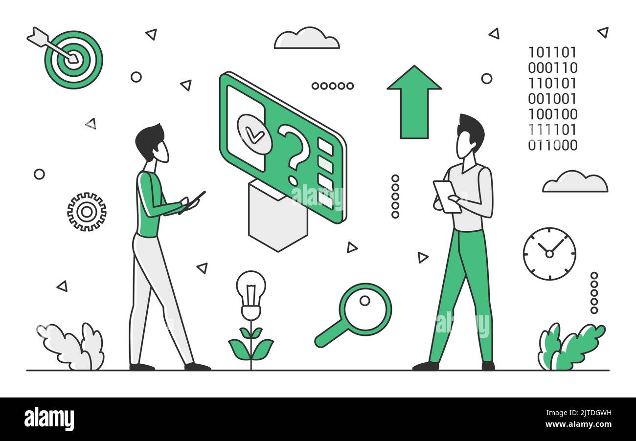 Teamworking solution. Problem solving process, brainstorming meeting vector monocolor ...