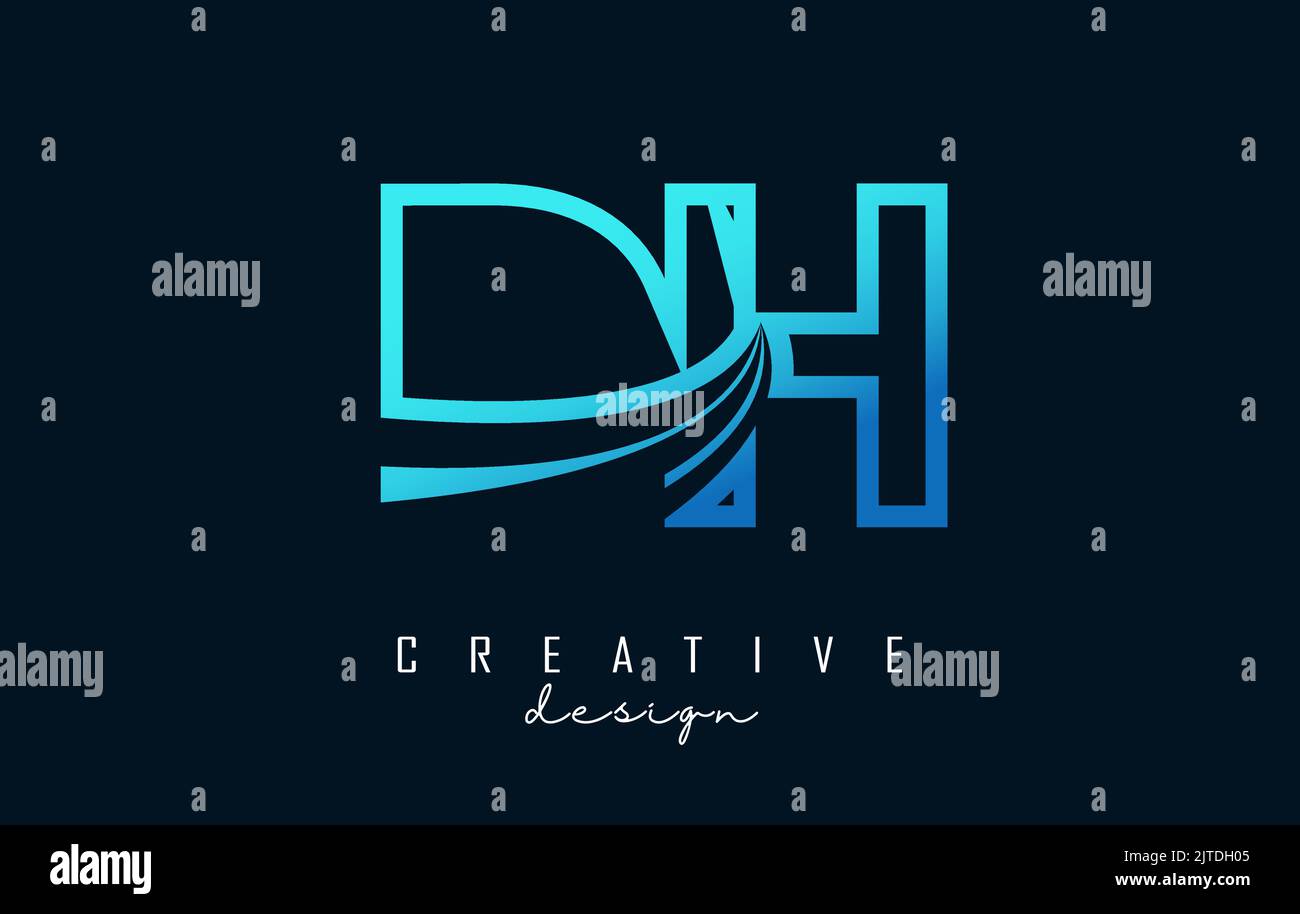 Outline blue letter DH d h logo with leading lines and road concept ...