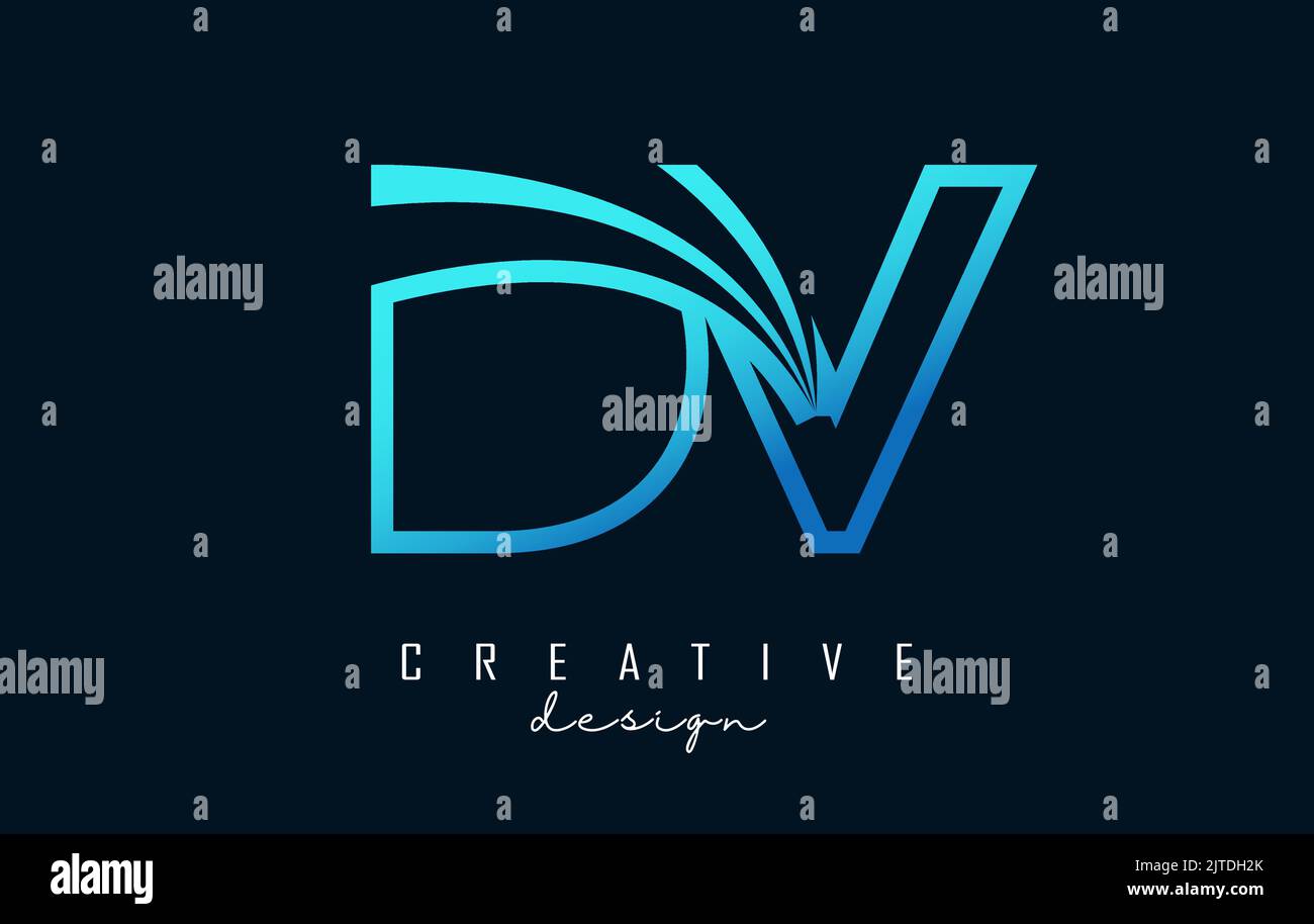 Outline blue letter DV d v logo with leading lines and road concept ...