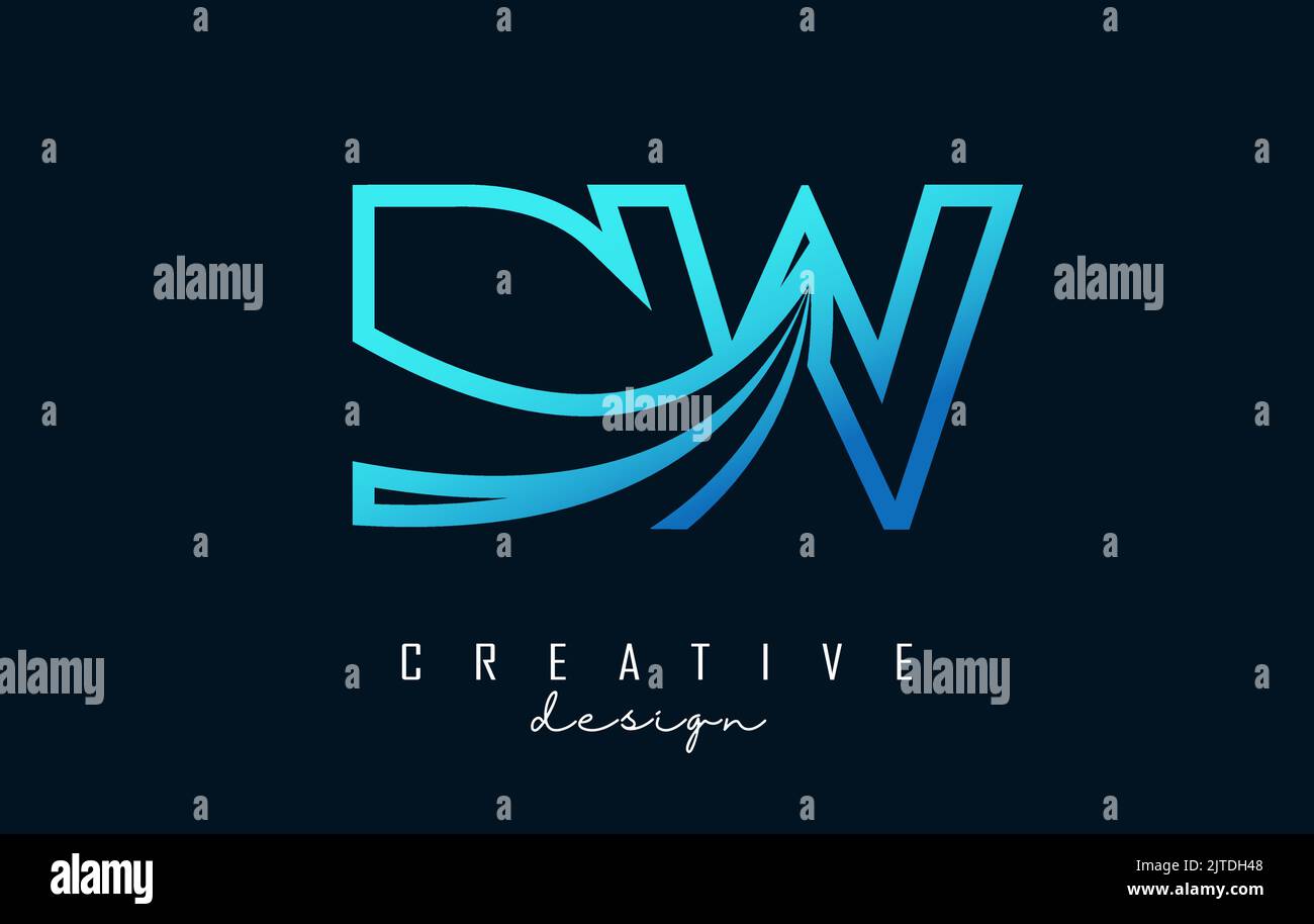 Outline blue letter DW d w logo with leading lines and road concept ...