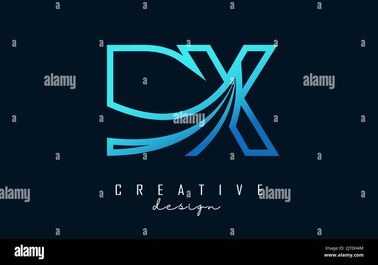 Outline blue letter DX d x logo with leading lines and road concept ...