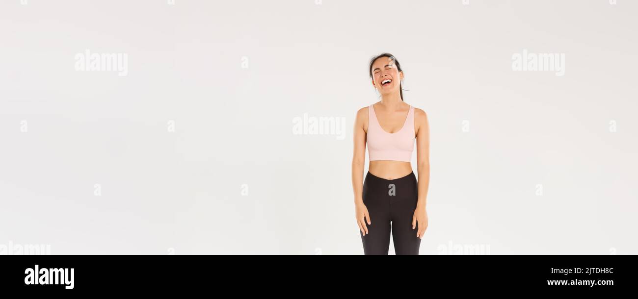 Sport, gym and healthy body concept. Full length of reluctant and ...