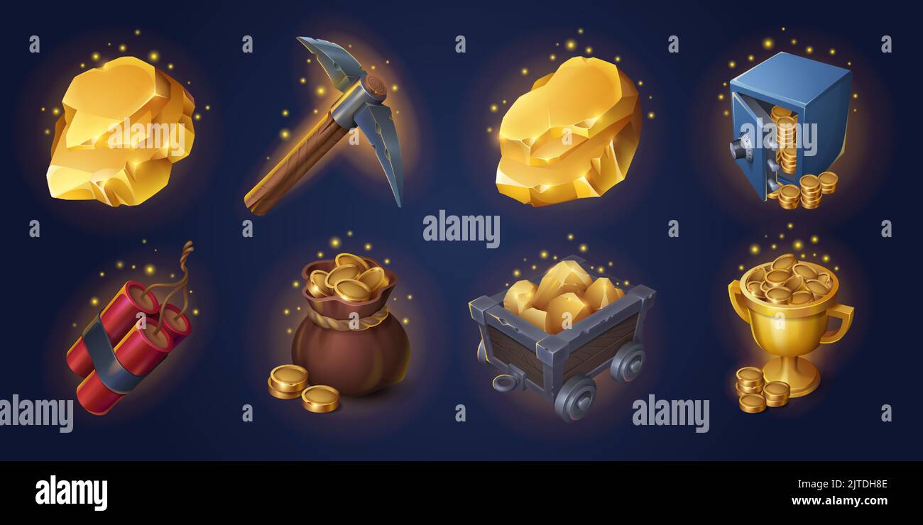 Gold mining game props collection isolated on background. Set of ...