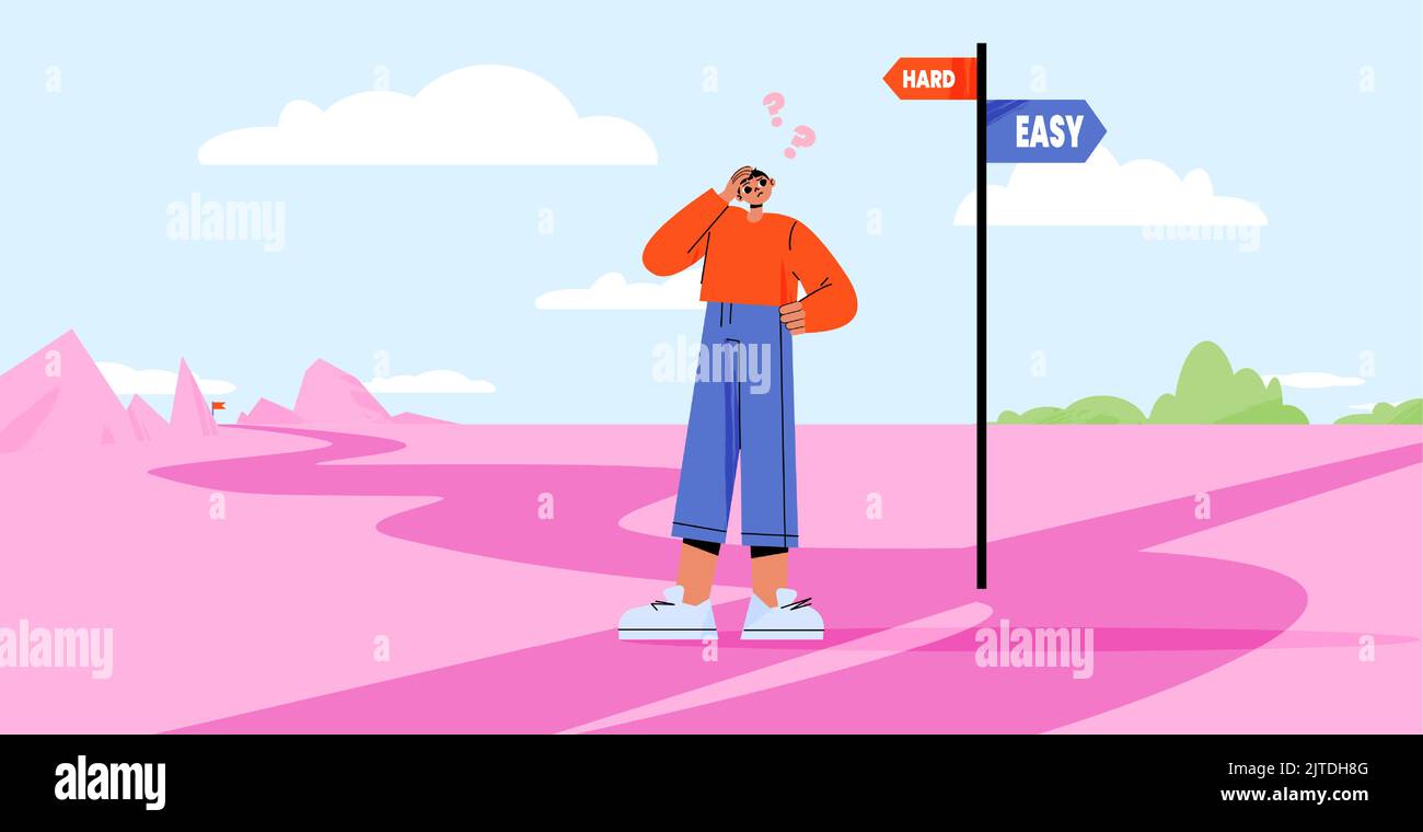 Man stand on crossroad fork with pointer show hard and easy directions ... Man stand on crossroad fork with pointer show hard and easy directions ...