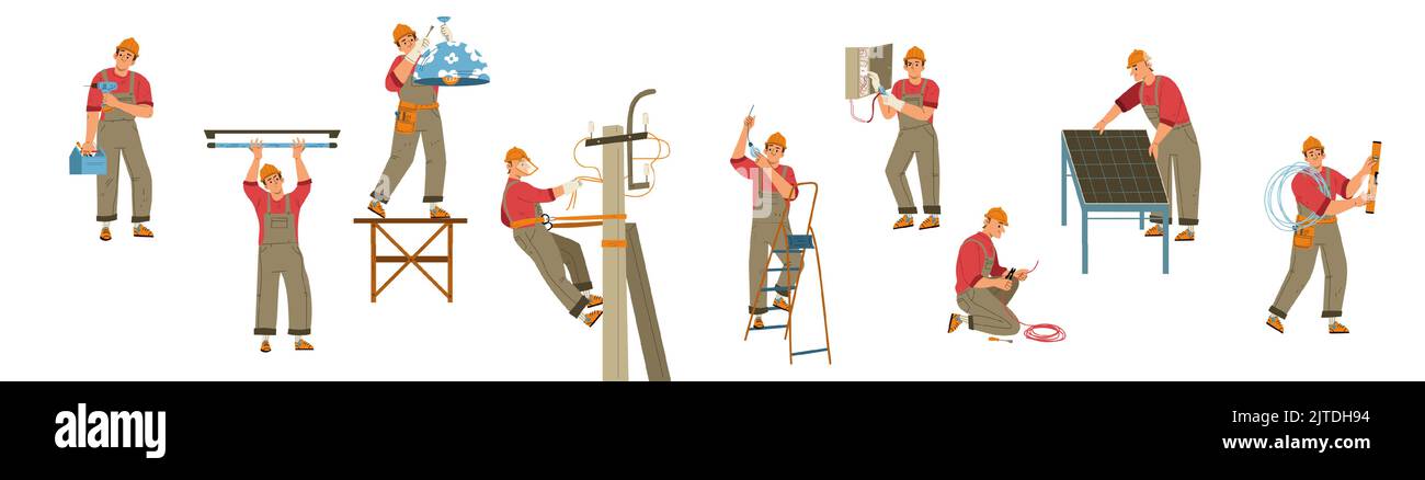 Electrician worker with tools, ladder and wires doing maintenance works ...