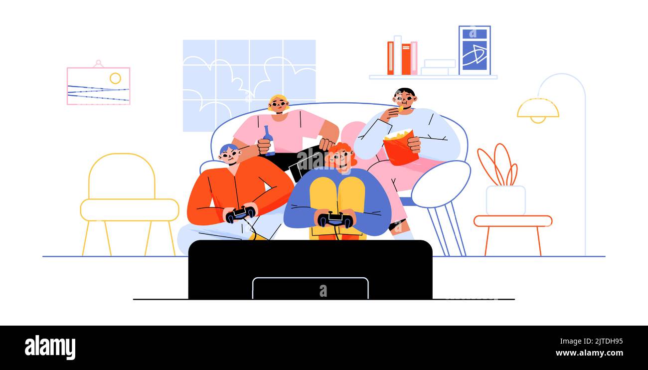 Friends playing video games spend time together at home. Teenagers ...