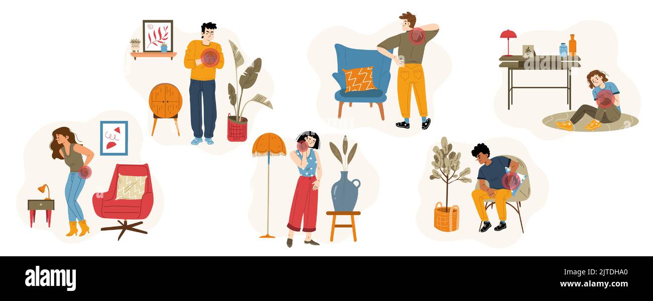 People suffering of ache in different body parts neck, leg, back, knee ...