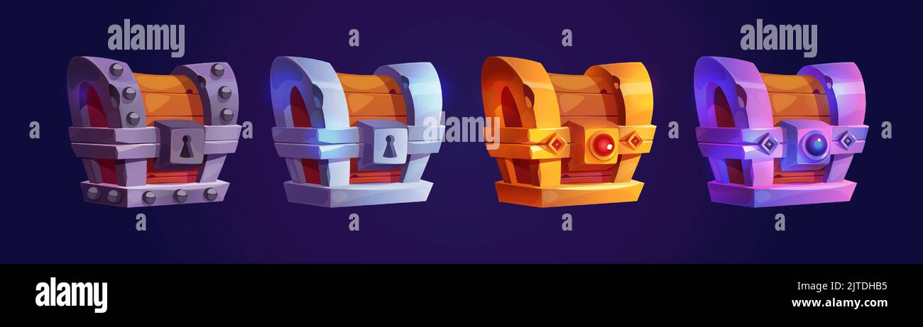 Treasure chests, game trunks, wooden boxes with iron, silver, gold and ...