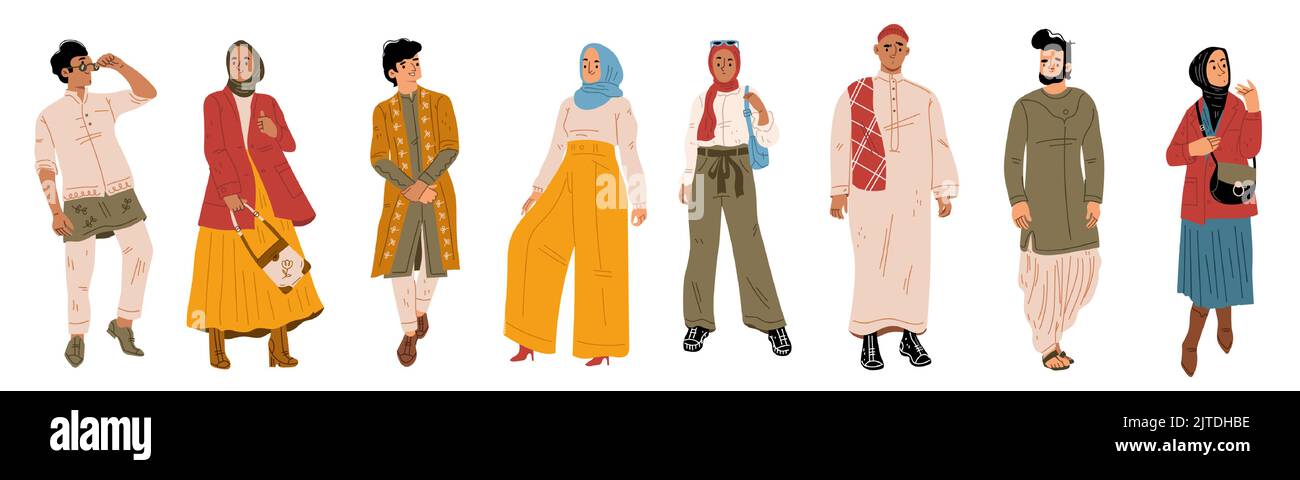 Arab people, young male and female characters wearing traditional dress ...