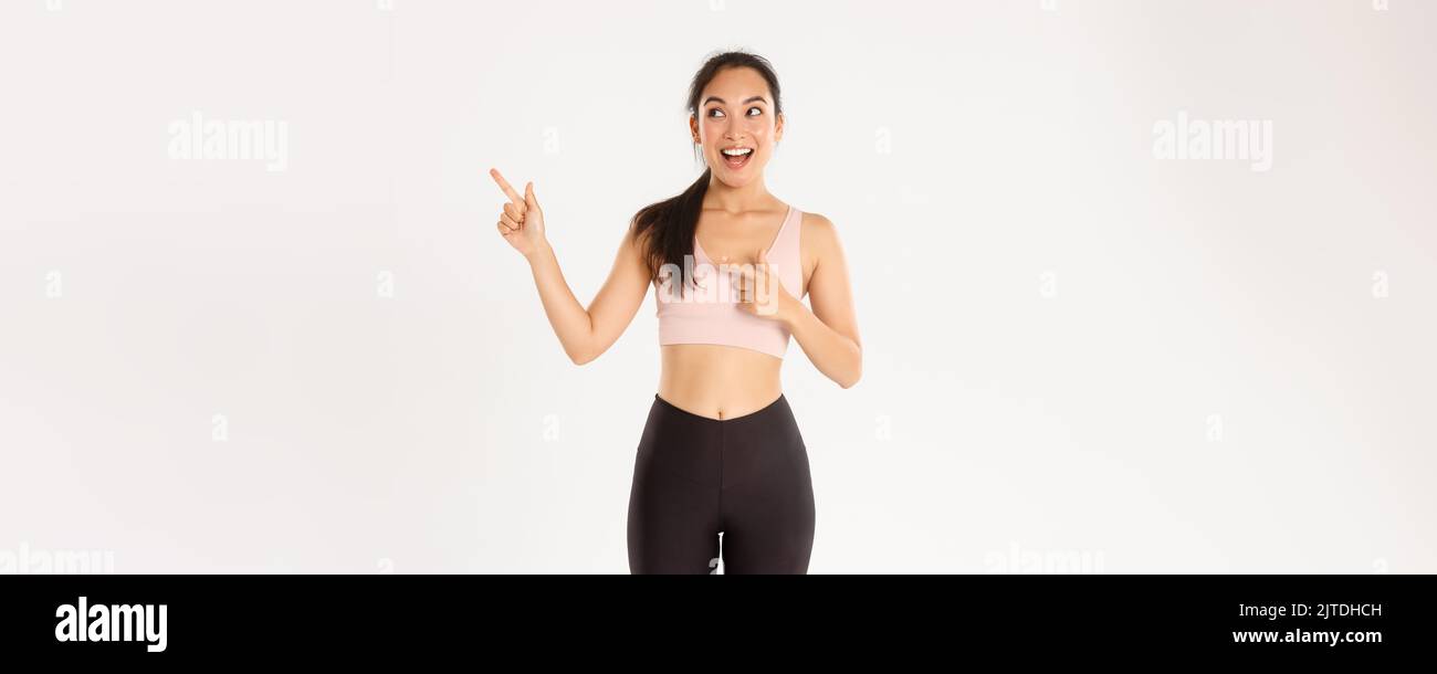 Sport, wellbeing and active lifestyle concept. Excited slim and cute ...