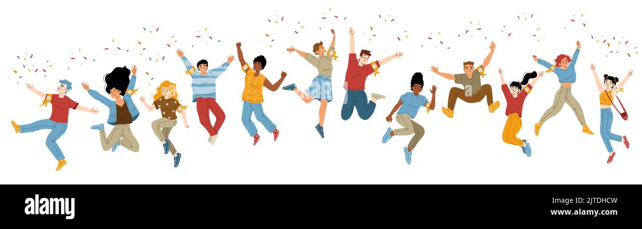 Happy people jump with raised arms, characters win, feel positive ...