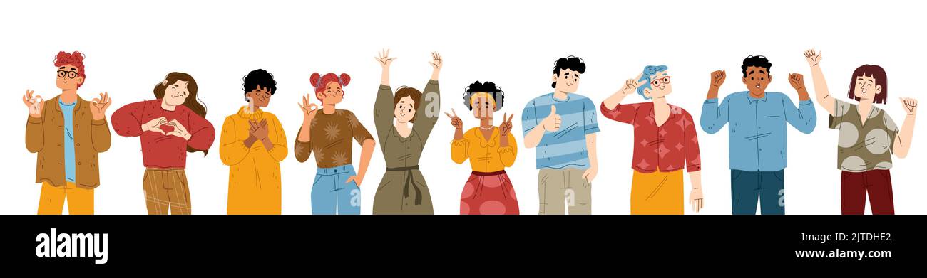 Body language, positive emotions, happiness. People showing gestures ...