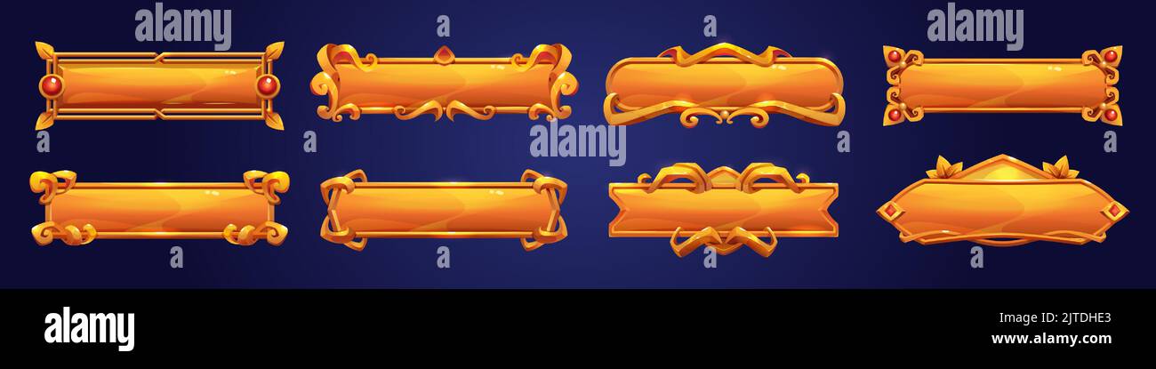 Golden game frames, medieval banners, buttons, ui menu elements, decorated gold borders with ...