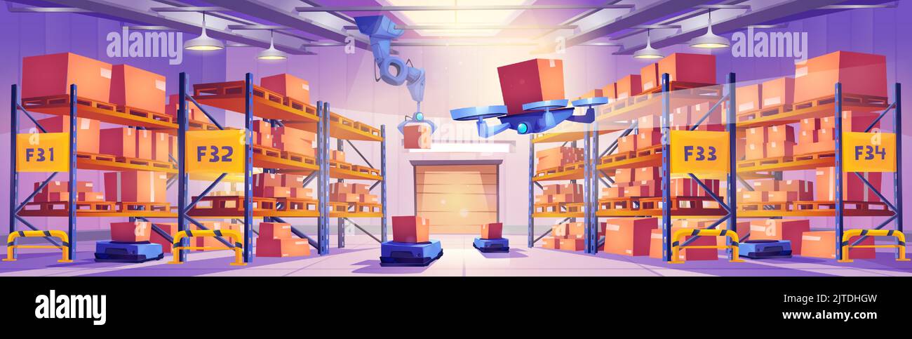 Robots in warehouse interior, automated machines, drone and cyborg arm ... Robots in warehouse interior, automated machines, drone and cyborg arm ...