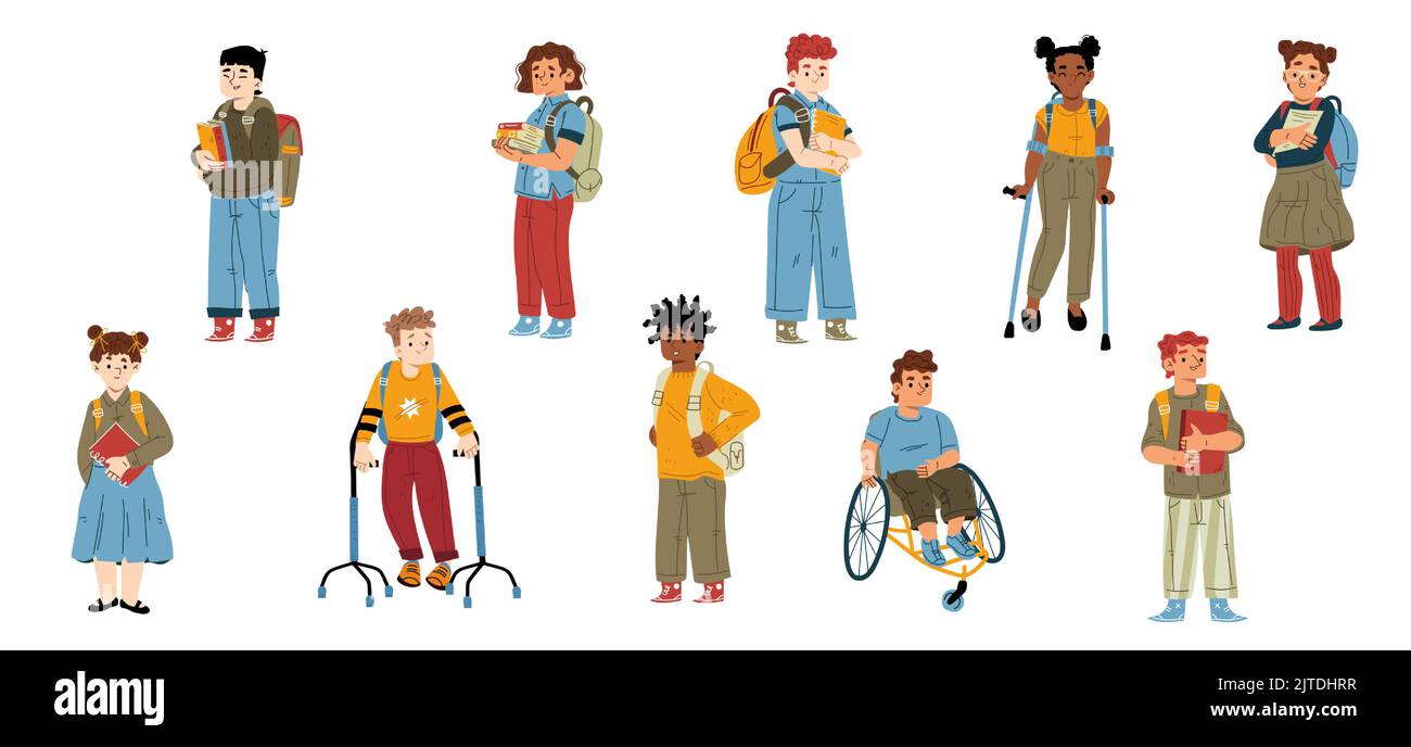 Disabled and healthy kids students, multiracial handicapped children ...