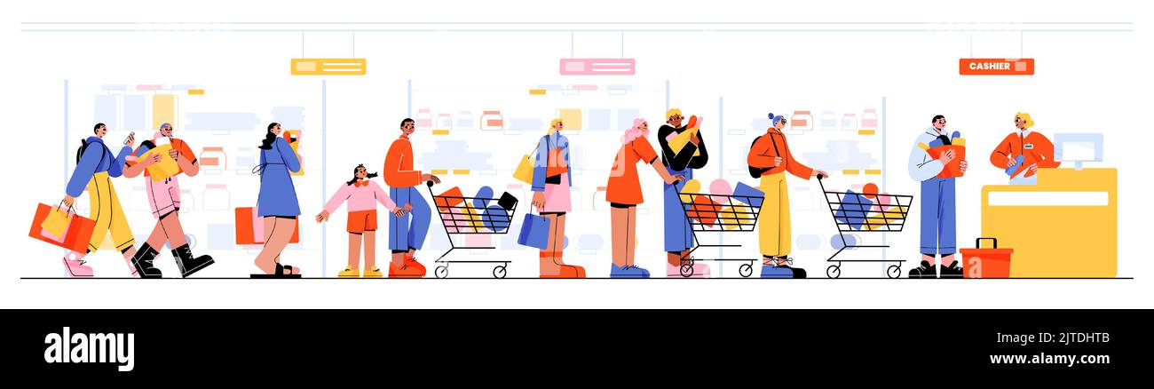 People queue in supermarket. Customers with goods in trolleys stand in ...