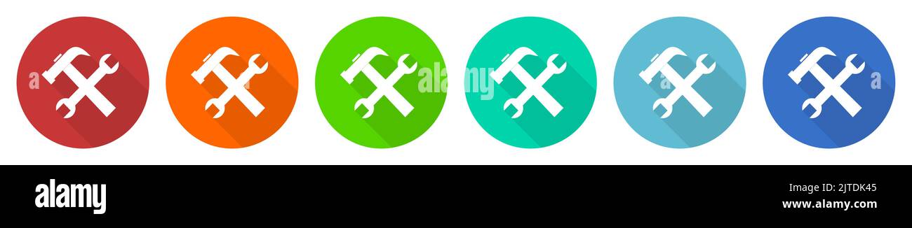 Tools, service icon set, flat design vector illustration in 6 colors ...