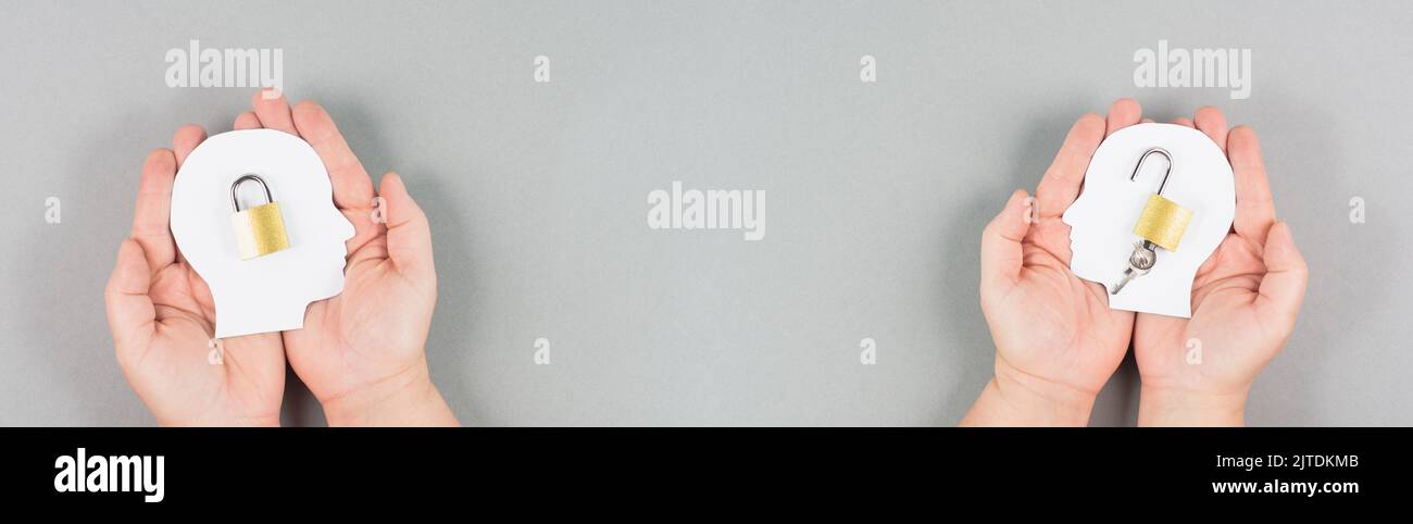 Silhouette of two people, one man is closed minded with a lock in his ...