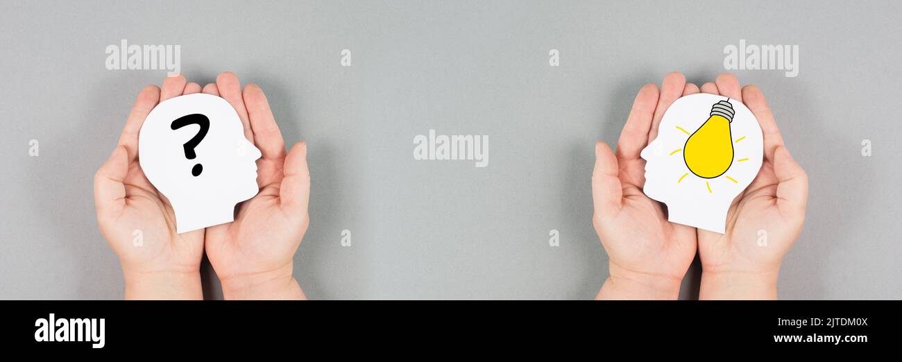 Head with a question mark asking for solutions, man with the lightbulb ...