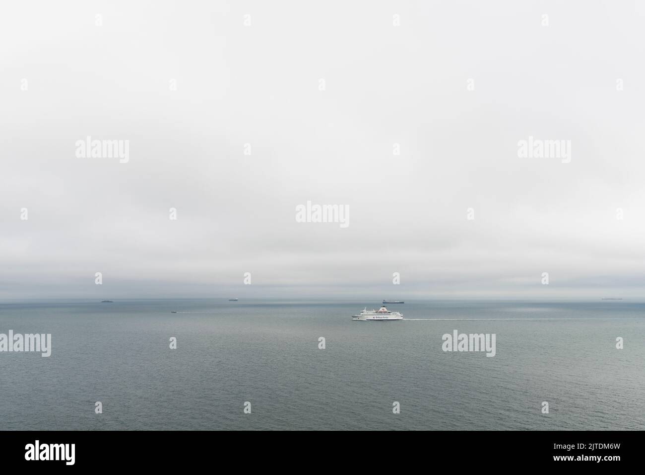 A Brittany Ferries boat in a misty English Channel sea, off of Culver ...