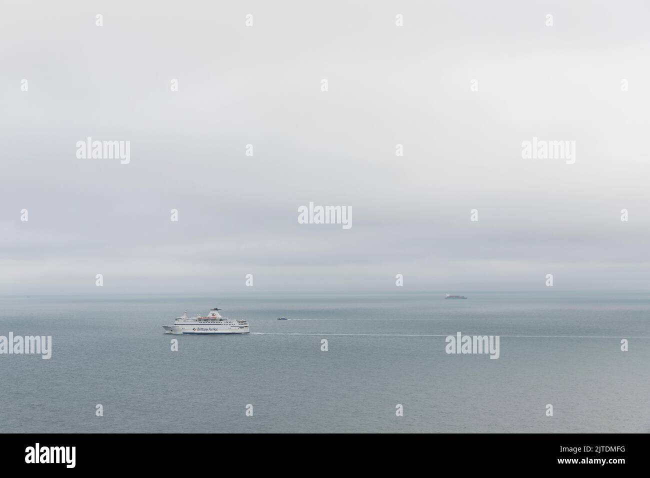 A Brittany Ferries boat in a misty English Channel sea, off of Culver ...