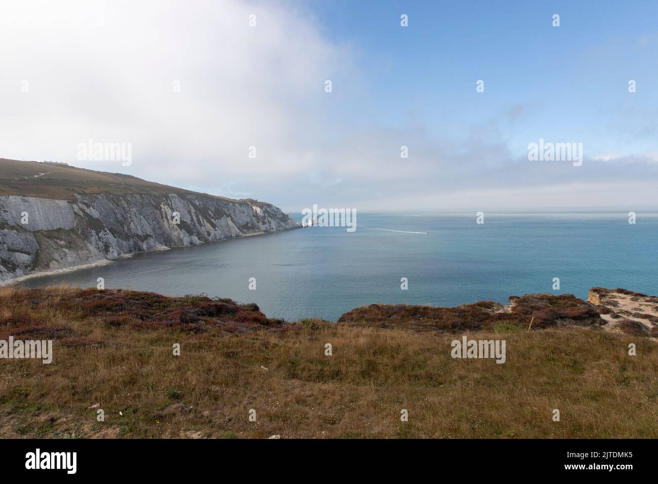 Distant view of the Needles, out to sea across the Solent, Isle of ...