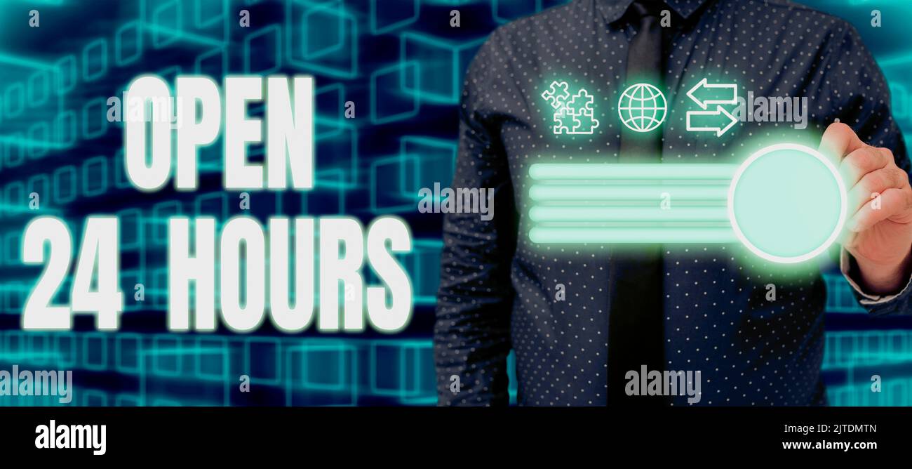Text caption presenting Open 24 Hours. Business concept Working all day ... Text caption presenting Open 24 Hours. Business concept Working all day ...