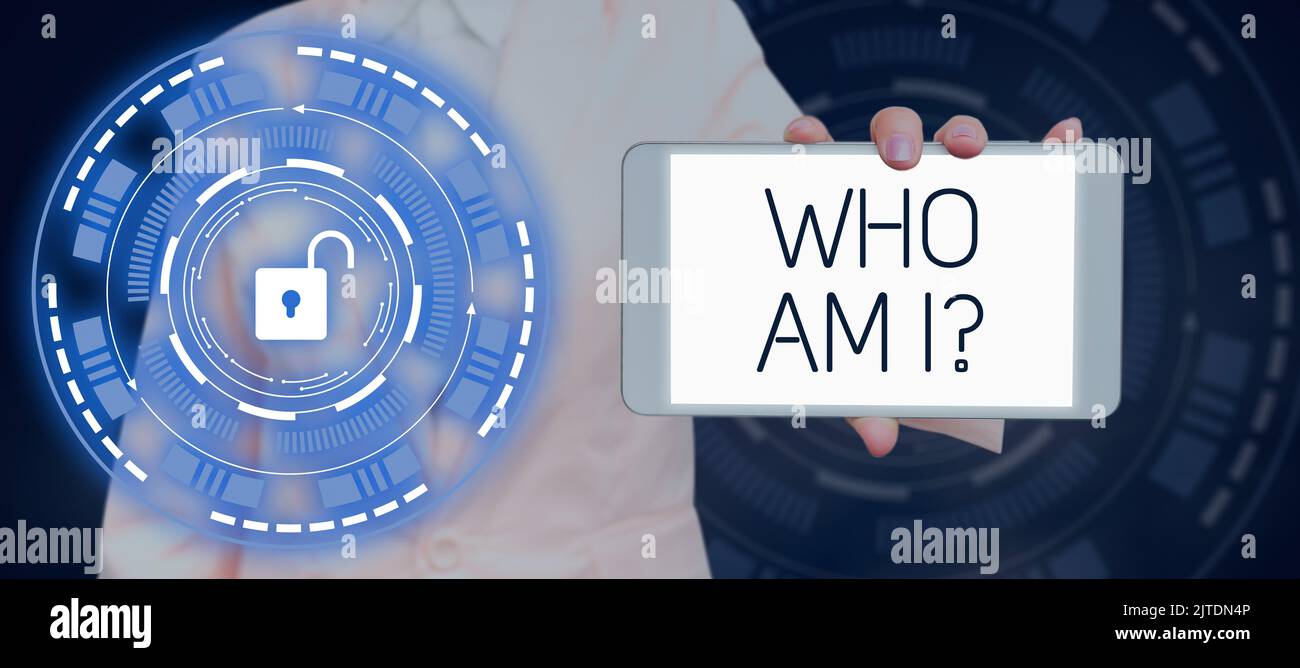 Inspiration showing sign Who Am I. Business concept Introduce Identify ...