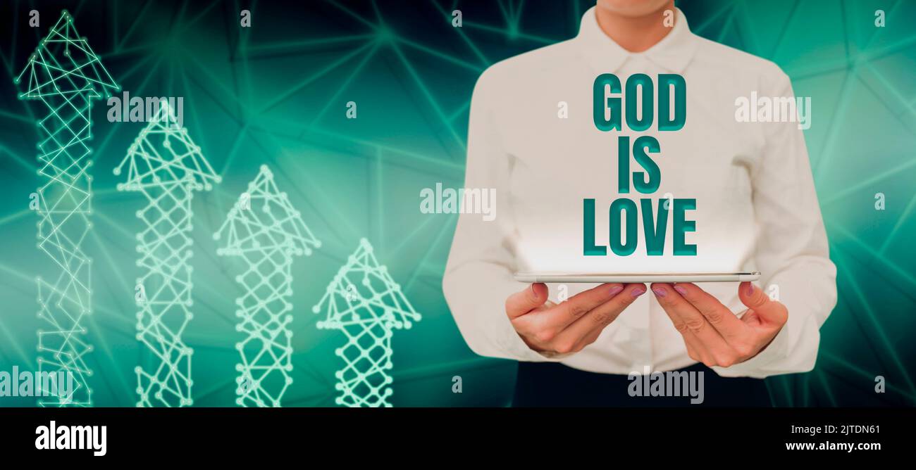 Hand writing sign God Is Love. Word for Believing in Jesus having faith ...