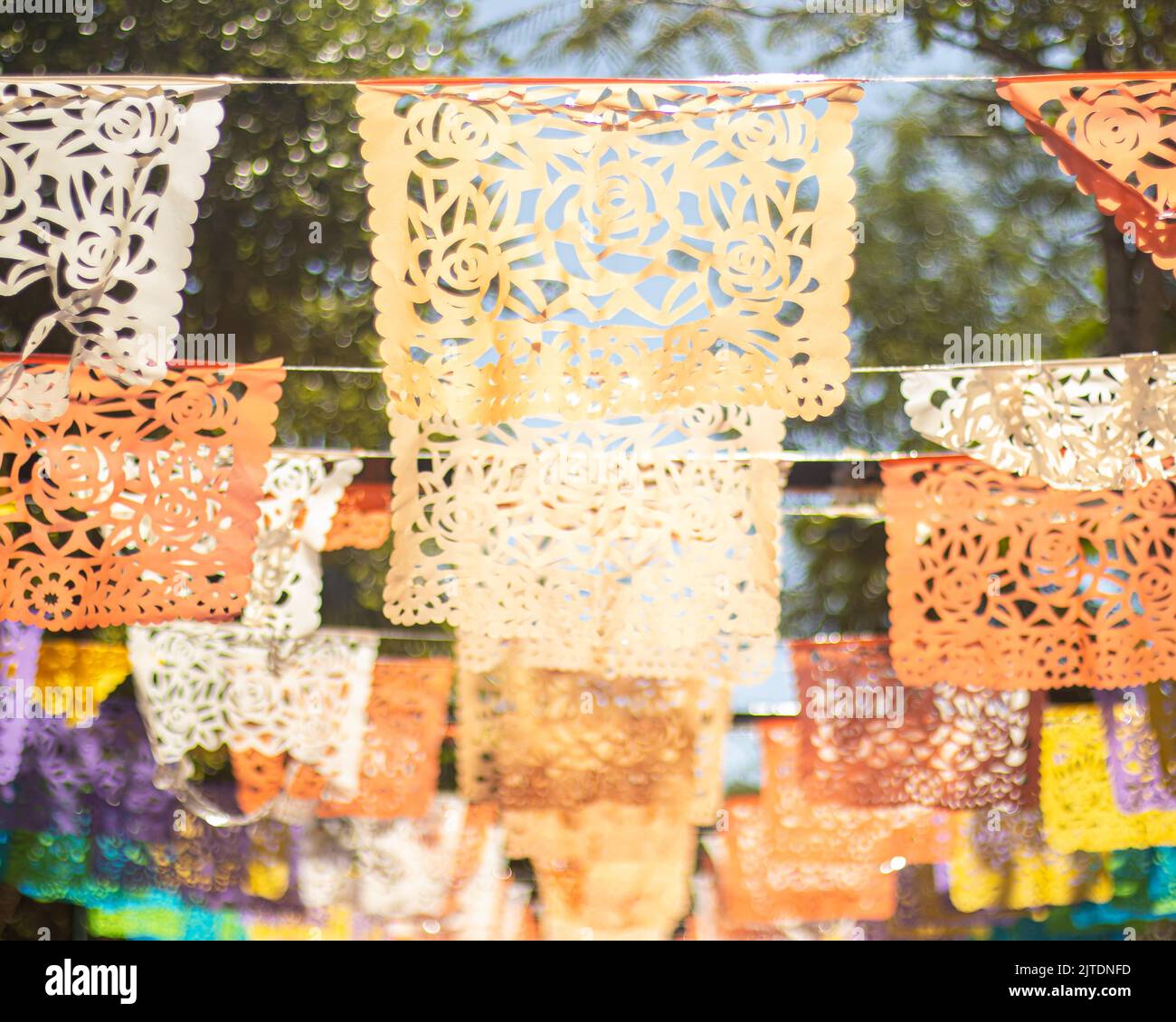 A closeup of Papel Picado decor hanging on ropes outside - traditional ...
