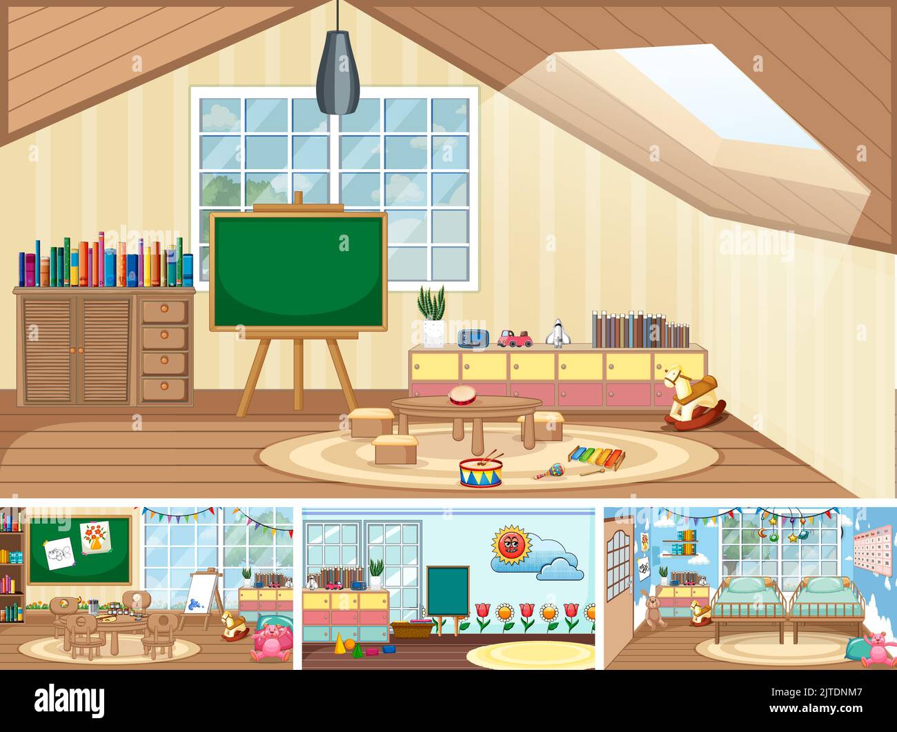 Set of different kindergarten classroom scenes illustration Stock ...