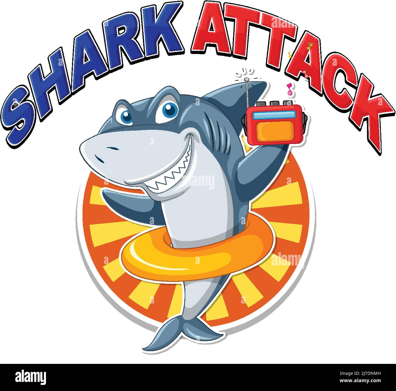 Shark attack icon with shark cartoon character wearing inflatable ring ...