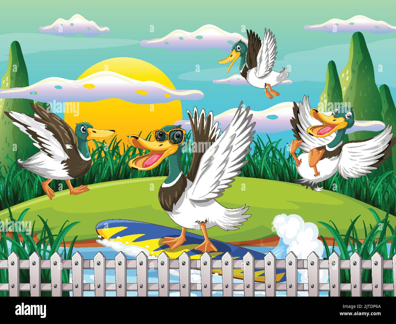 Outdoor scene with cartoon ducks illustration Stock Vector Image & Art ...