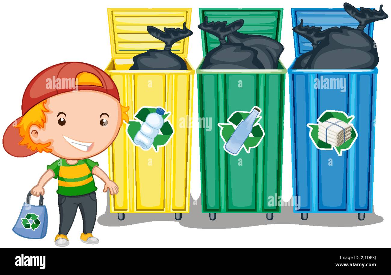 Little boy standing beside recycling bins illustration Stock Vector ...