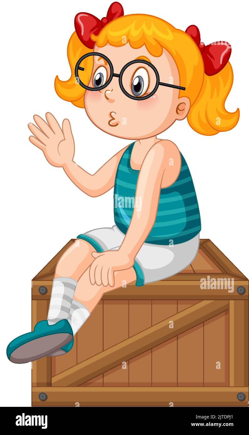 Cute girl sitting on wooden box illustration Stock Vector Image & Art ...