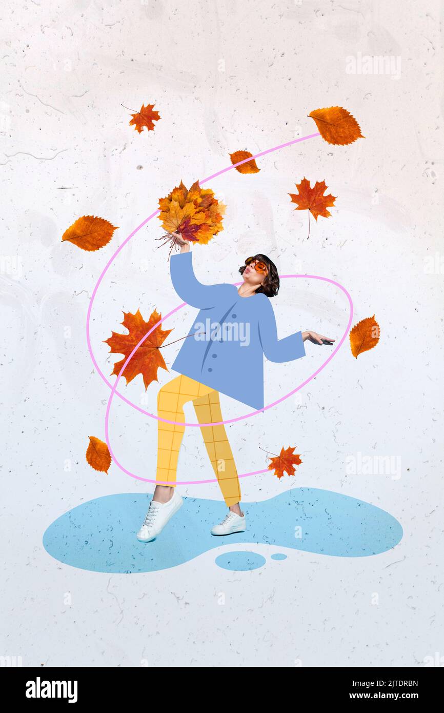 Creative photo collage of young careless woman walking dancing leafs ...