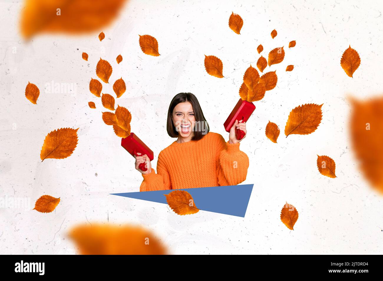 Creative collage photo of young nice woman screaming guns shooting ...