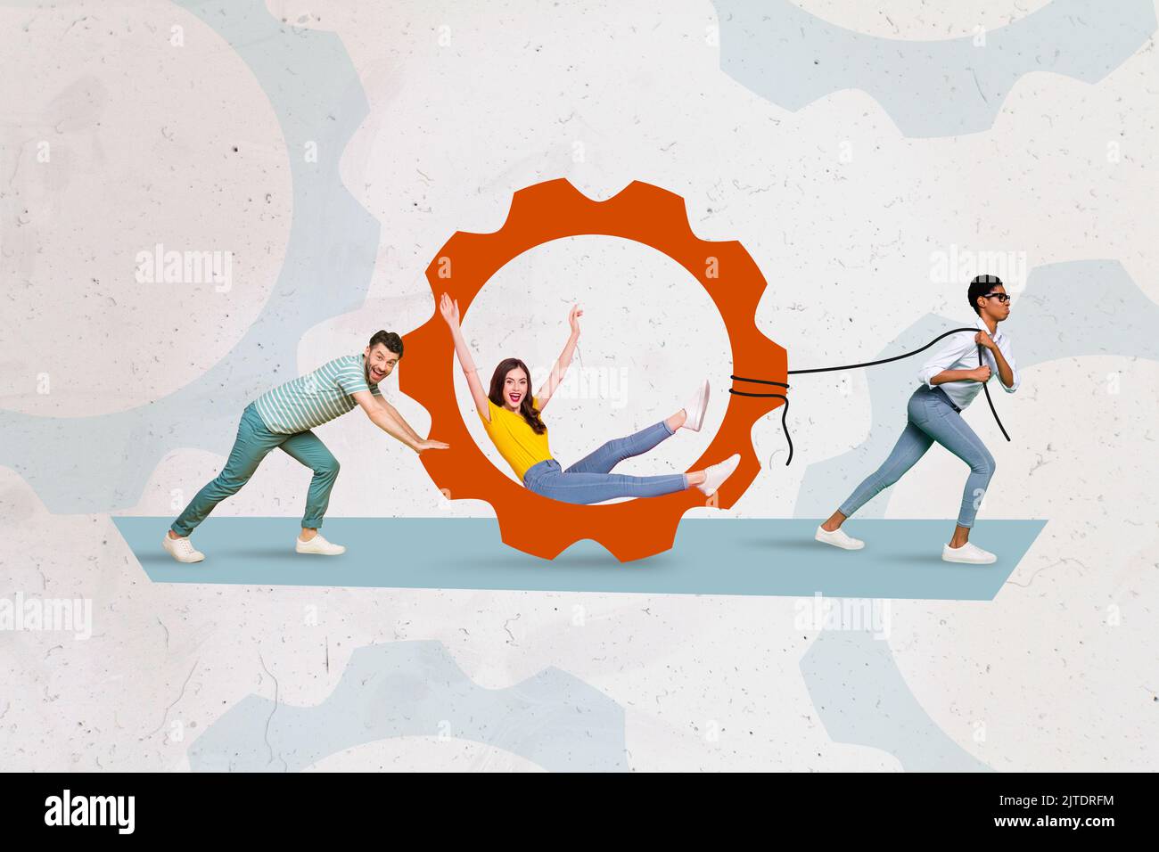 Composite collage image of three businesspeople push pull big ...