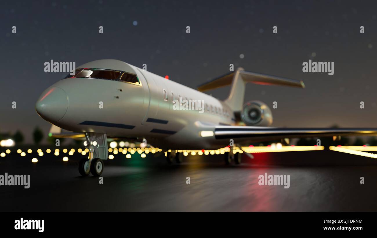 Airplane or private jet is on the airport runway at night. Airplane ...