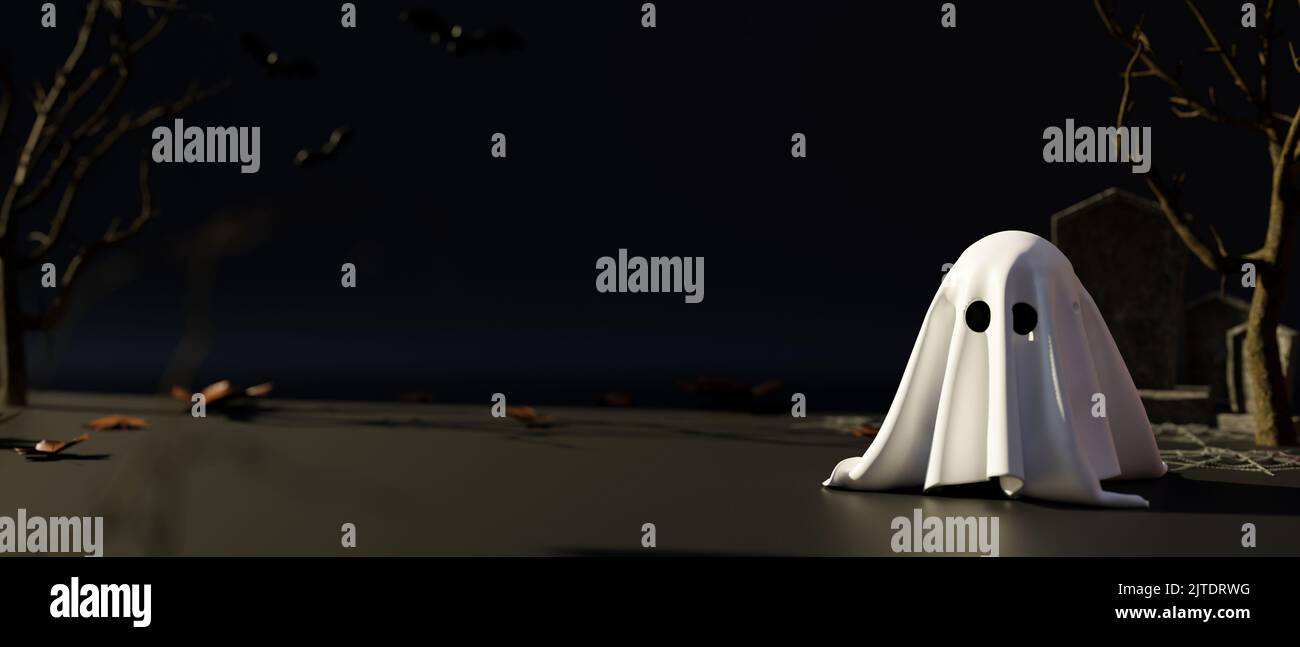 Halloween background with little white ghost and copy space on black ...