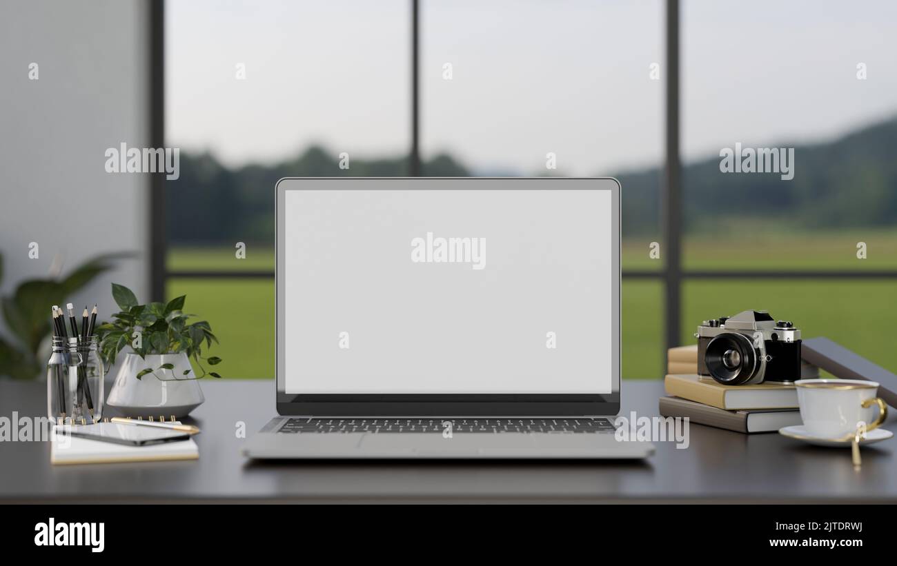 Modern workspace with notebook laptop computer white screen mockup ...