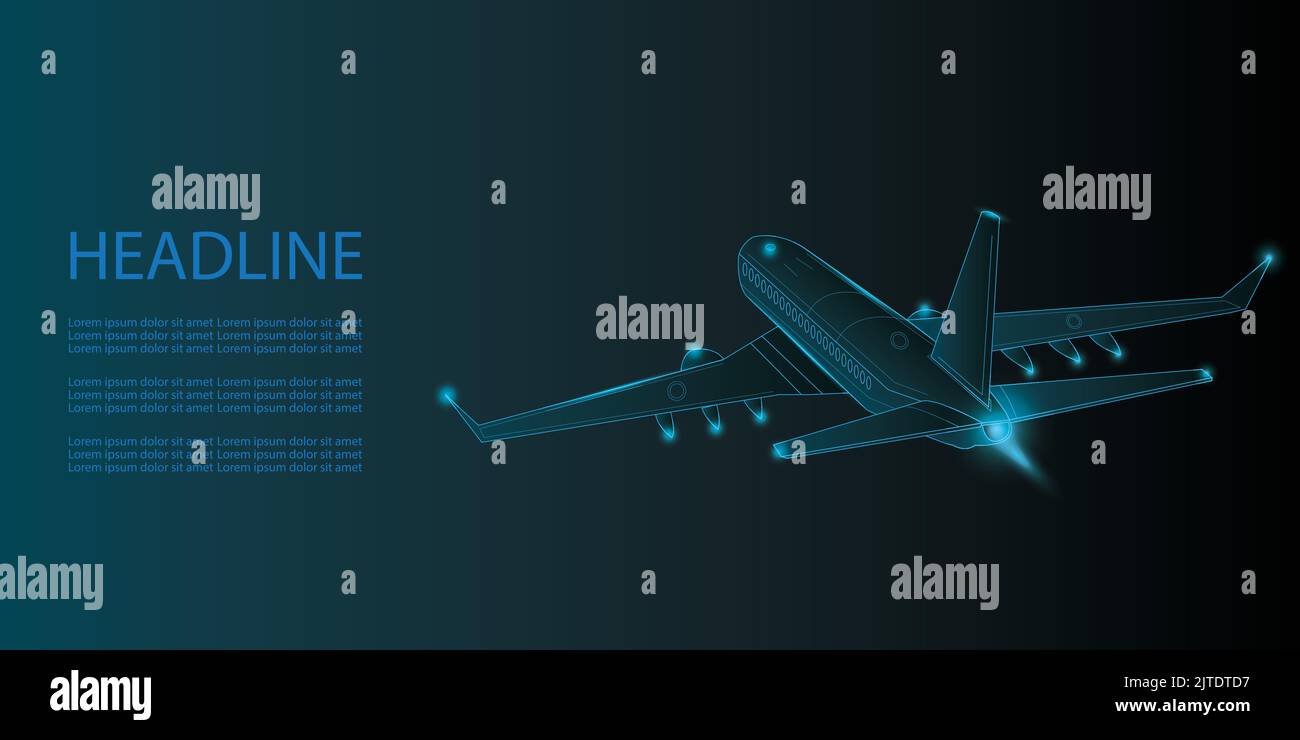 3d airplane isolated in dark blue. Abstract vector wireframe of ...