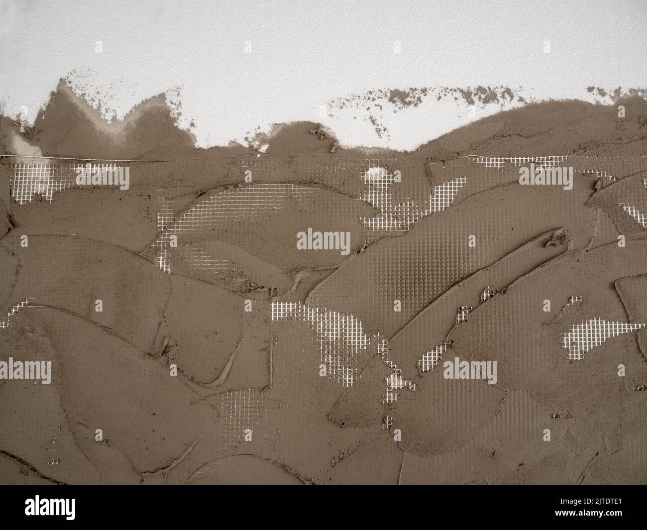 Plastering cement on a reinforcing plastic grid on a foam board Stock ...